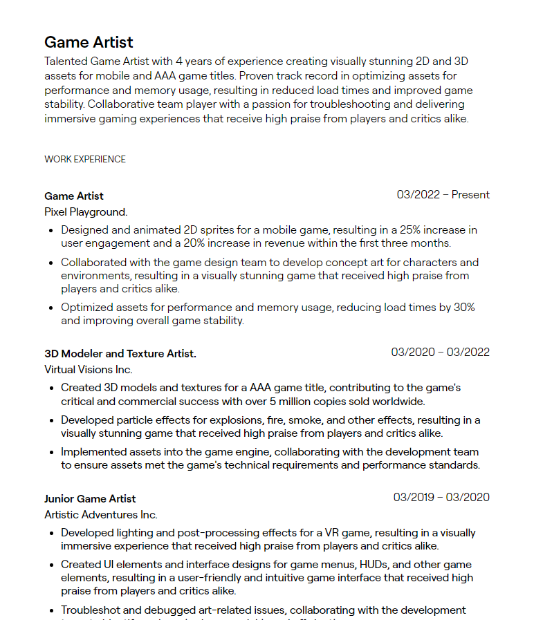 9 Game Artist Resume Examples with Guidance 